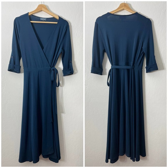 Modcloth | Dresses | Modcloth Large Navy Blue Wrap Dress Midi Tea ...